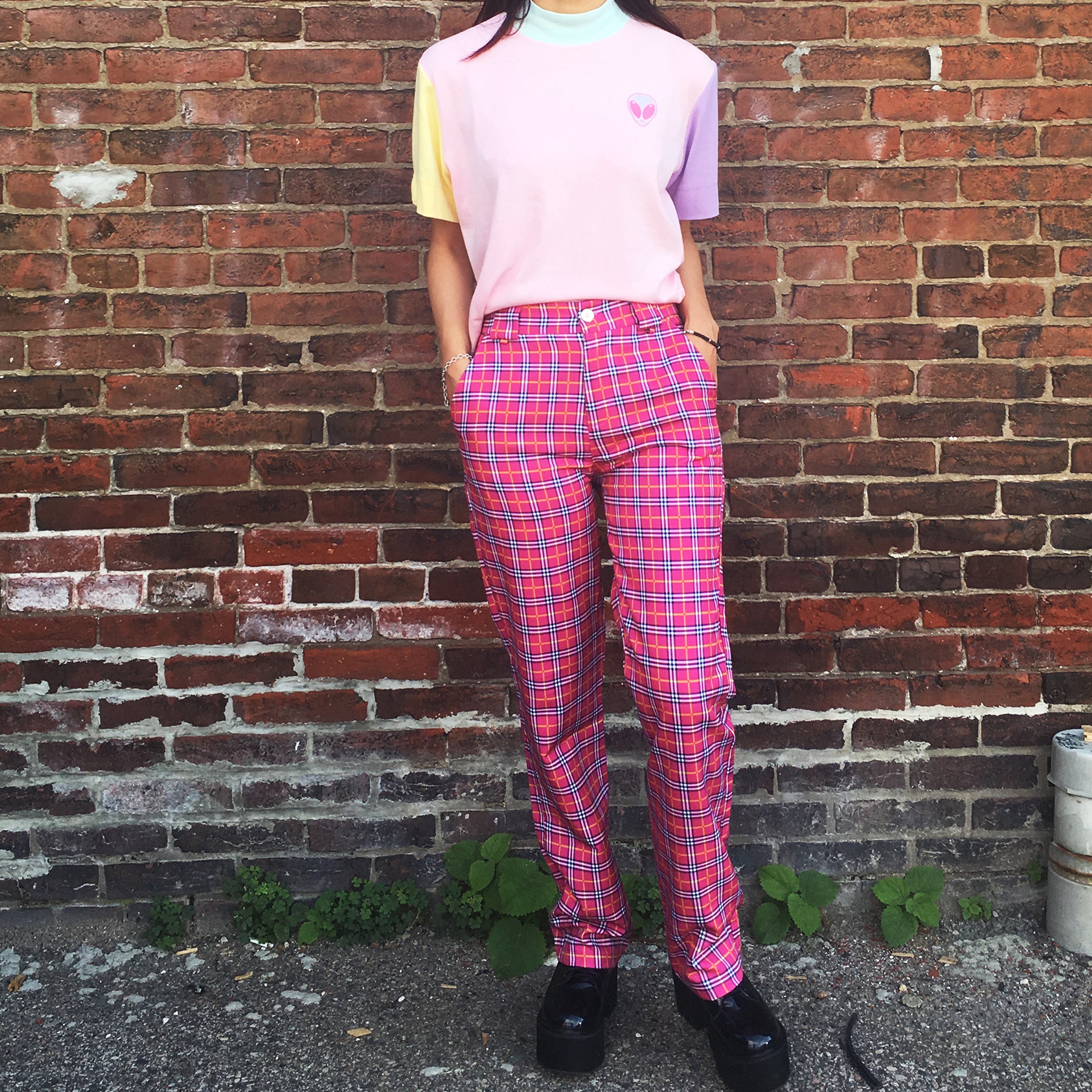 New 90s Grunge Hot Pink Plaid High Waist Trousers Kokopiecoco