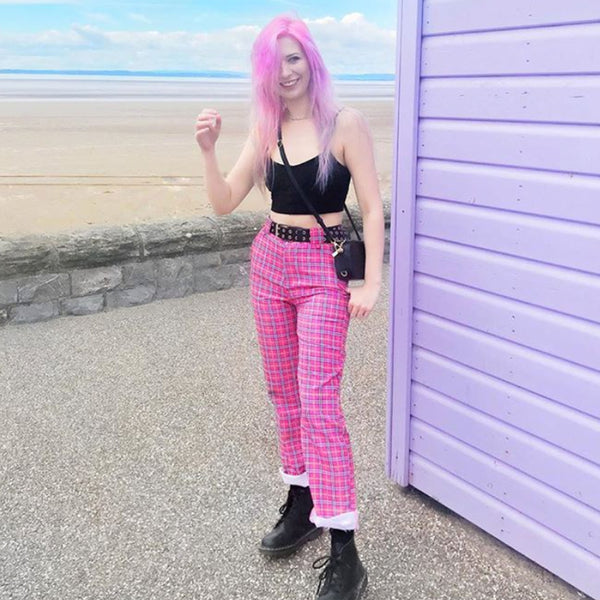 New 90s Grunge Hot Pink Plaid High Waist Trousers Kokopiecoco